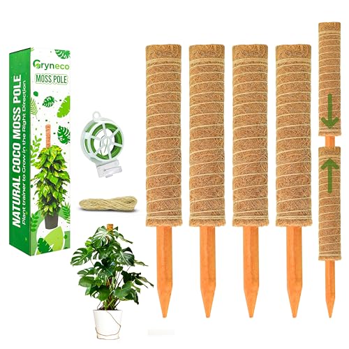 Moss Pole for Plants Monstera - 51.1” Stackable Plant Poles for Potted Plants Indoor and Outdoor (4 Pcs) – 16.9” Long Natural Coir Moss Sticks with Garden Twist Ties and Jute Rope