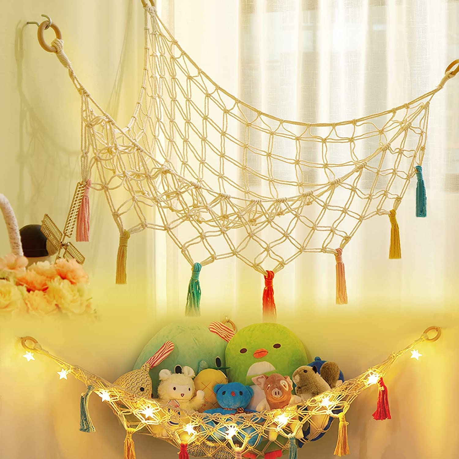 XIAOLAN Boho Stuffed Dolls Hammock Hanging Plush Toy Holder Boho Cotton Macrame Tassels Wall Storage Suitable for Bedroom Nursery
