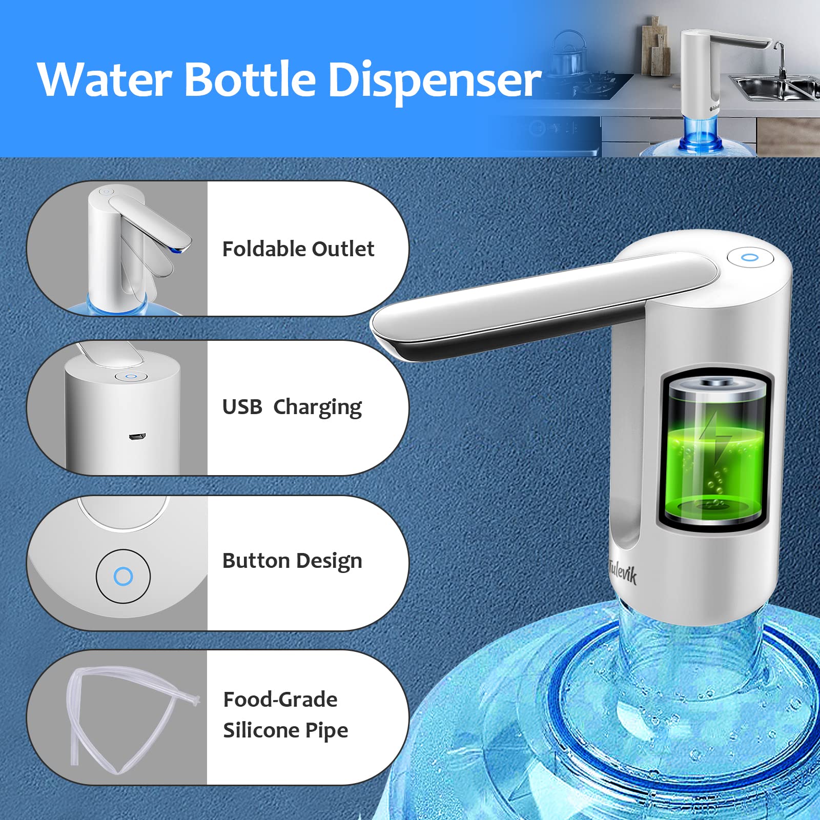 Tulevik Water Bottle Dispenser 5 Gallon, Foldable Water Pump, Automatic Water Pump Universal 2-5 Gallon Bottle, Portable Water Dispenser Pump for Camping Kitchen (White)