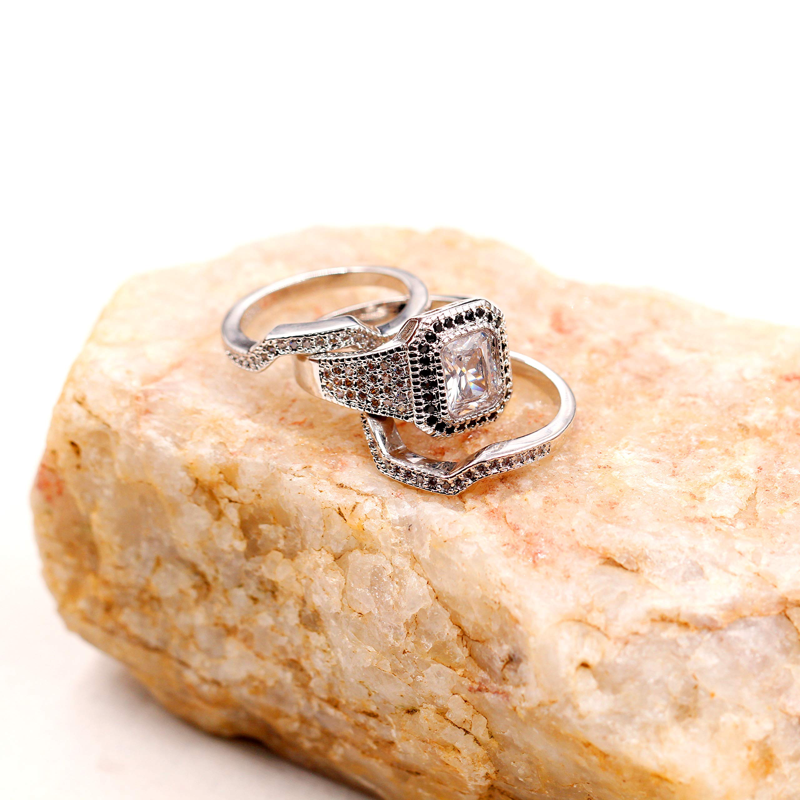 NC Rhodium Plated Simulated Diamond Cluster Square Wedding Bands Bridal Rings, Men & Women's Engagement Ring Trio Set (Size 9)