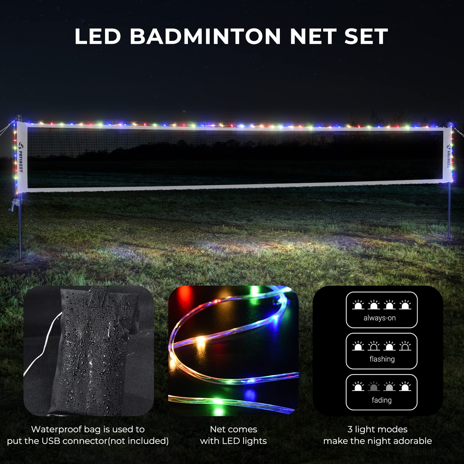 Patiassy Badminton Net Set with Light Portable LED Badminton Sets for Backyards with Net, 2 LED Badminton Shuttlecocks, 4 Badminton Rackets, Winch System and Carrying Bag