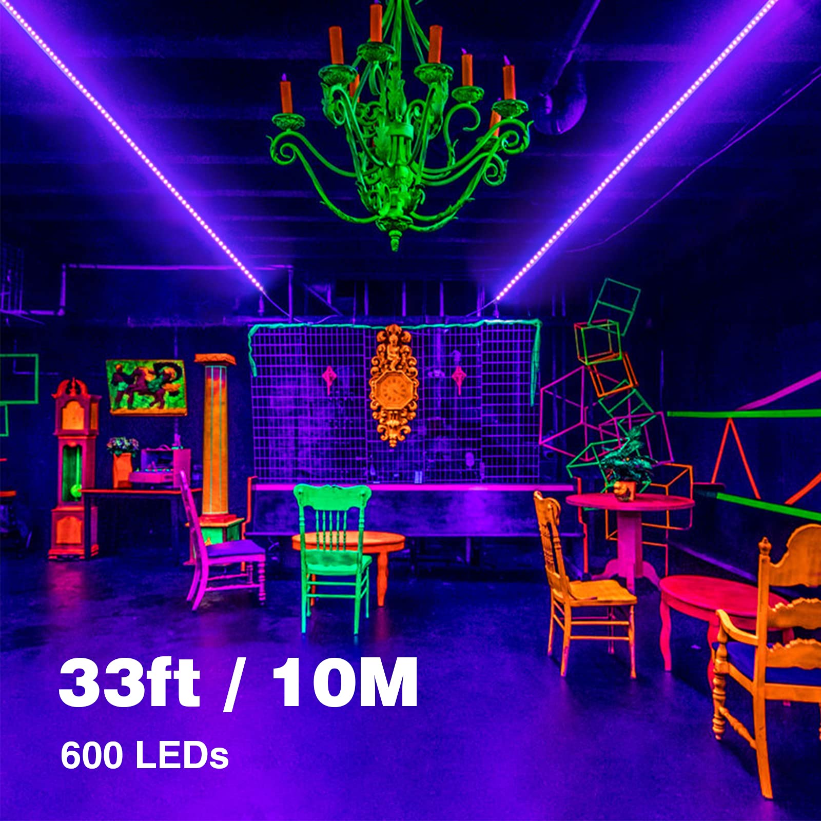 Onforu 32.8ft LED Black Light Strip Kit & Black Lights Bulb 2 Pack, 600 Units Lamp Beads, 12V Flexible Blacklight Fixtures, 10m LED Ribbon, A19 E26 Bulb, 385-400nm