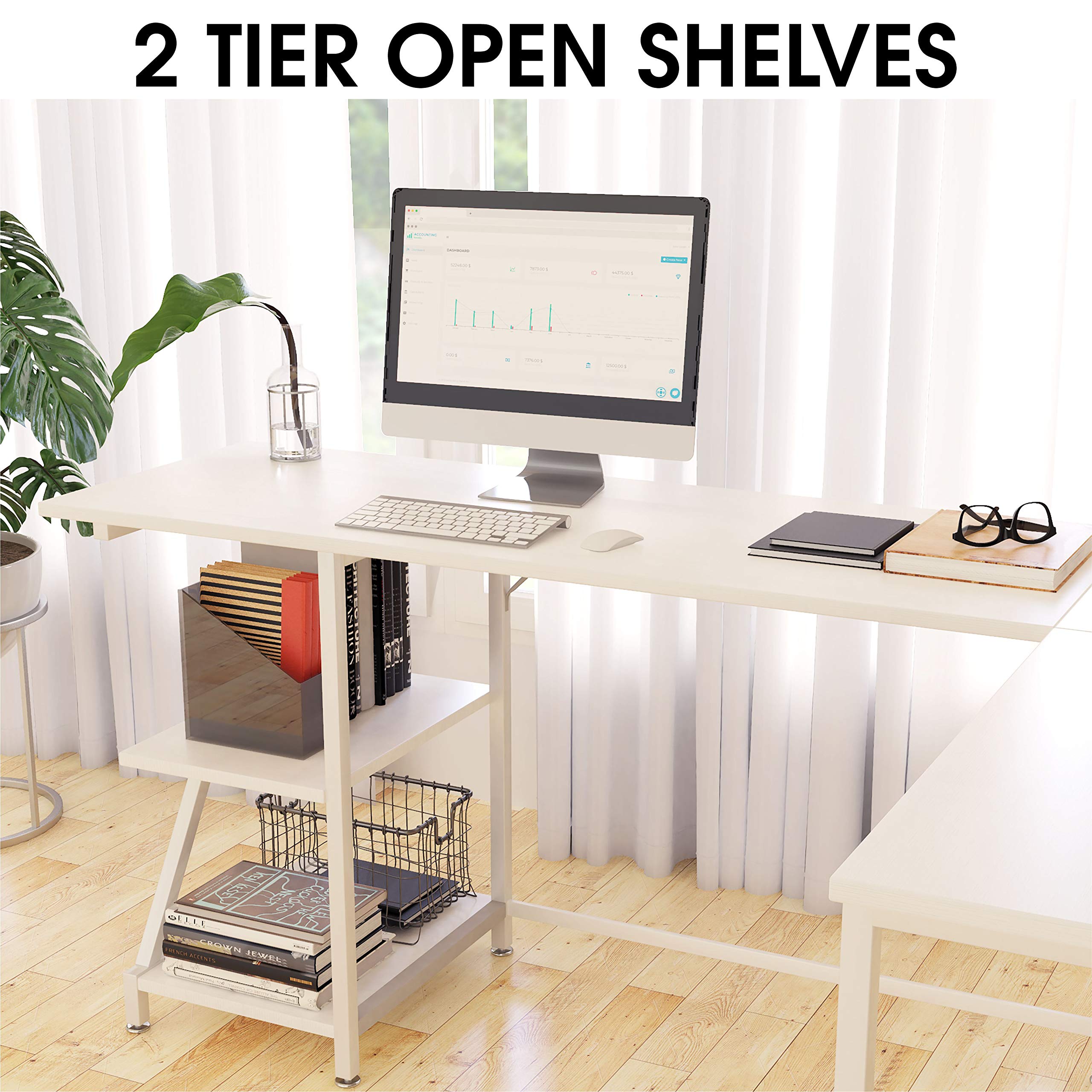 NOXU White L Shaped Desk with Shelves - Large Modern 66''x47''x29.5'' (LxWxH) - Reversible L Shaped Gaming Desk for Home or Office - Safe and Sturdy Computer Desk with Storage - Corner Desk Table