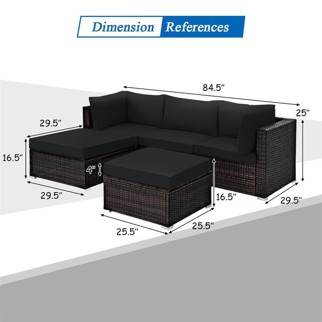 LIUJUN 5PCS Patio Rattan Furniture Set Sectional Conversation Set Ottoman Table Black
