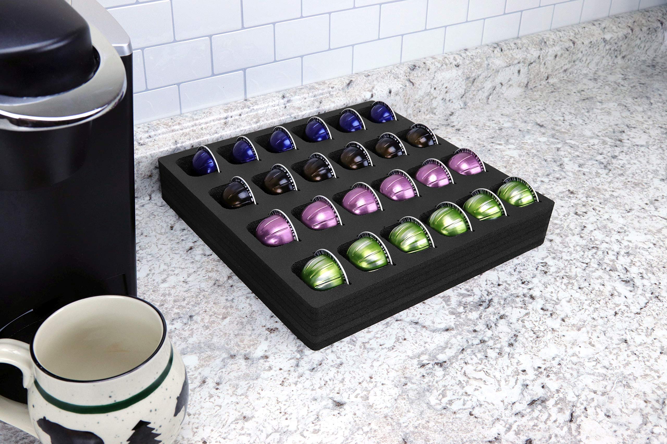 Polar Whale 2 Coffee Espresso Capsule Drawer Organizer Tray Inserts Compatible with Nespresso Vertuo VertuoLine Kitchen Home Office Waterproof Washable Black Foam 24 Compartment 12.5 x 12.5 Inches