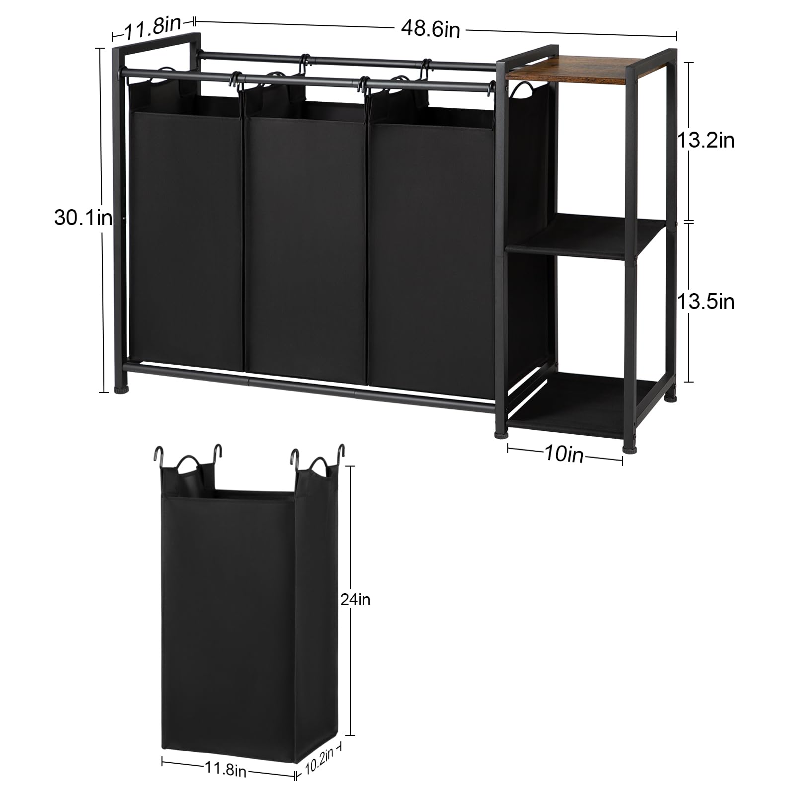 LOAKEKEL Laundry Sorter 3 Section, Laundry Hamper with 3 Removable Bag, Clothes Hamper with Shelf for Bathroom, Laundry Basket with Shelf, Laundry Room Organization HLS030BR