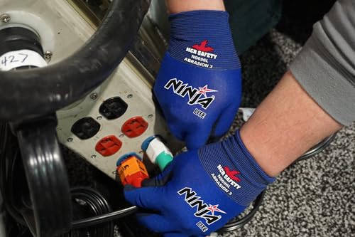 MCR Safety Gloves N9696M Ninja Lite Work Gloves 18 Gauge Blue Nylon Shell Polyurethane (PU) Coated Palm and Fingertips, Medium ,Black/Blue