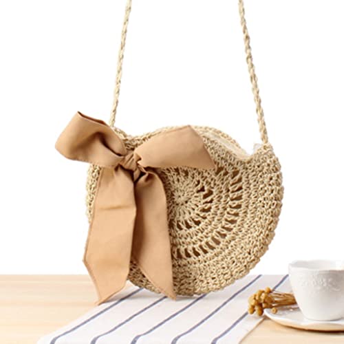 TJLSS Summer Round Bag Beach Wind Bow Crossbody Woven Bag Handmade Crochet Female Bag Beach Bag