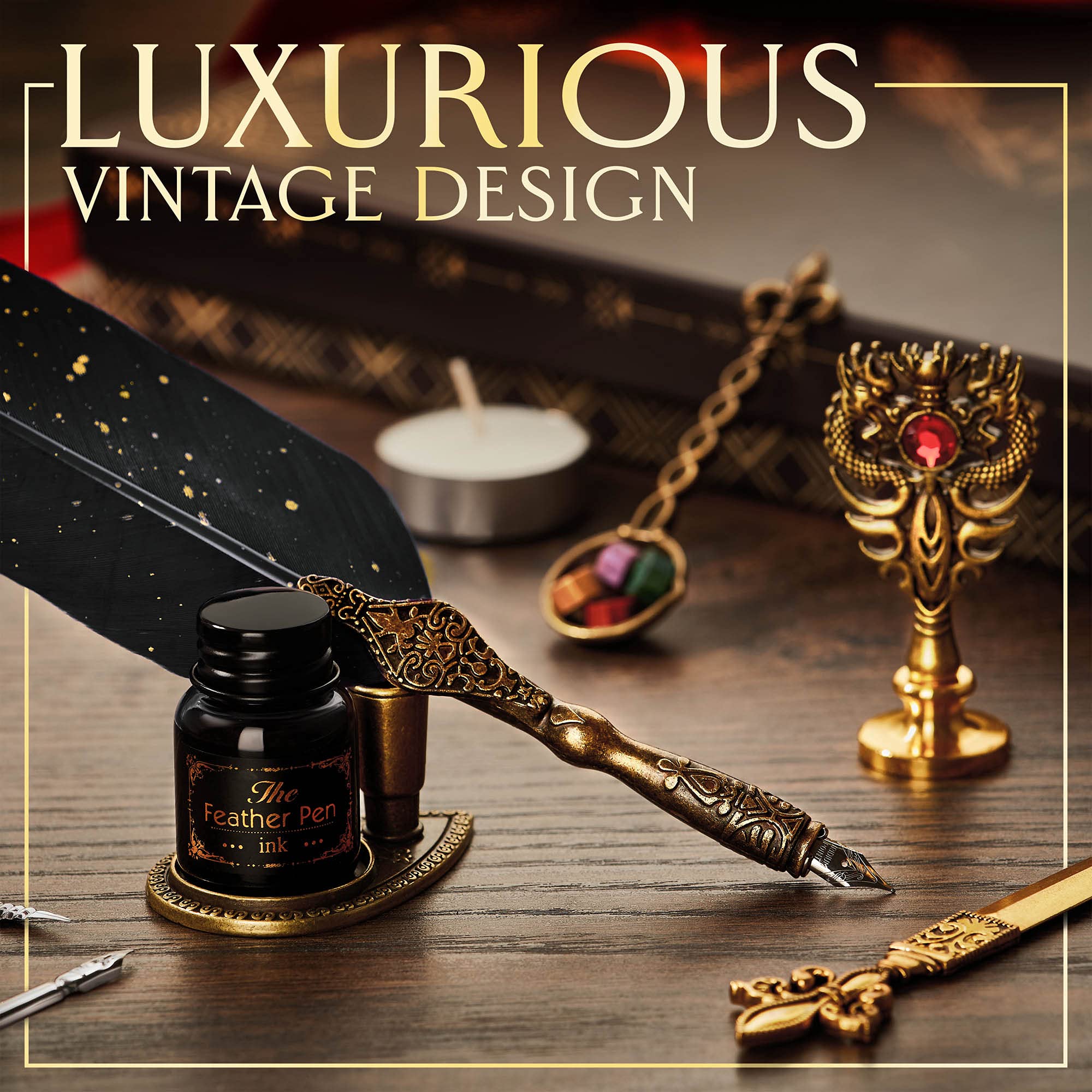 PENSISCO Quill Pen and Ink Set - Feather Pen Kit With Fine Ink Pen,18-in-One Vintage, Complete Calligraphy Set for Beginners & Enthusiasts, Includes Practice Sheets That Will Make You a Pro (Red)
