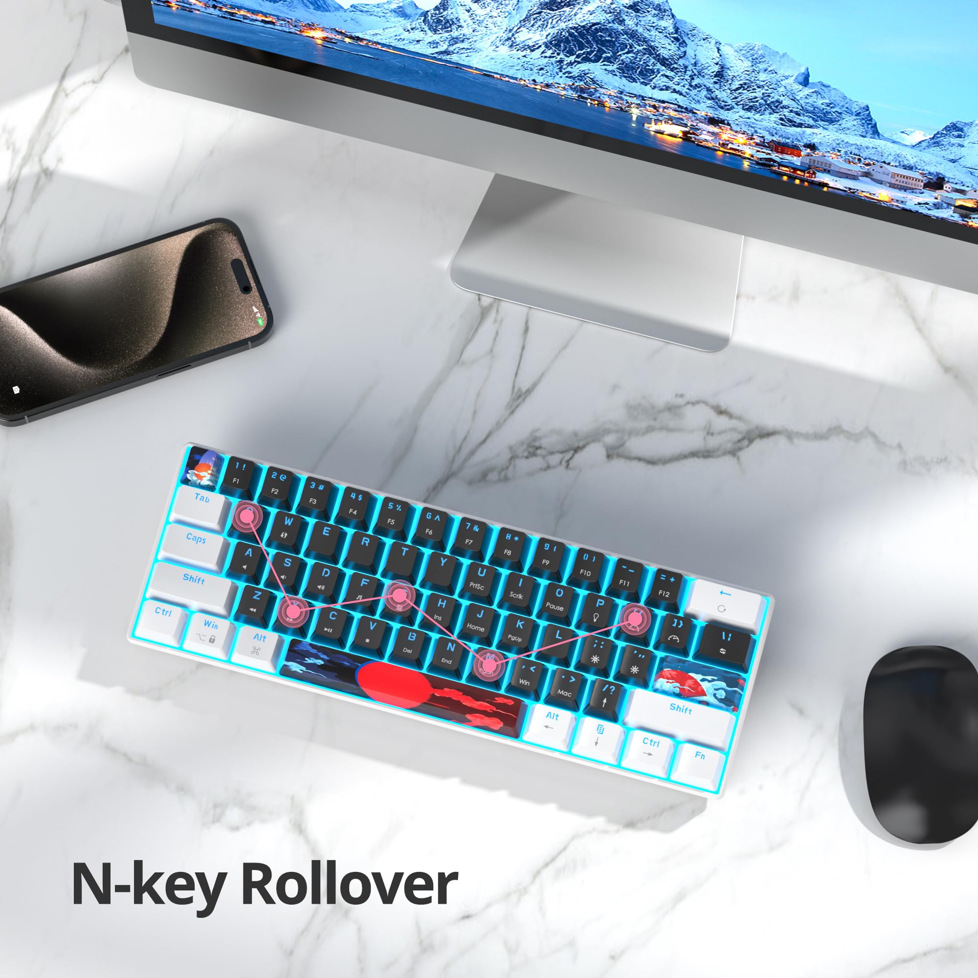 Ussixchare 60% Mechanical Keyboard Mini Gaming Keyboard 60 Percent with Red Switch Wired Type-C Cable Mini Keyboard with Blue Light Backlight for Laptop/PC Gamer(Black-White)