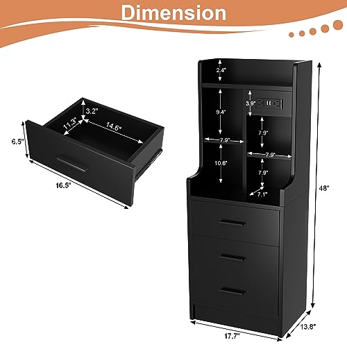 YESHOMY Tall Nightstand with Charging Station, Bedside Table with Open Bookshelf, Endtable with 3 Drawers, for Bedroom,Study, 48" Height, Dark Black