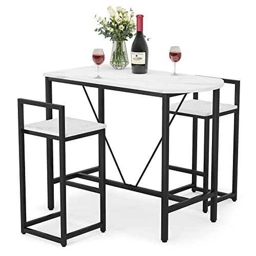 Tribesigns 3-Piece Bar Table Set, Kitchen Pub Dining Table with 2 Bar Stools, Small Space Counter Height Breakfast Table Set with Faux Marble Tabletop for Apartment, White