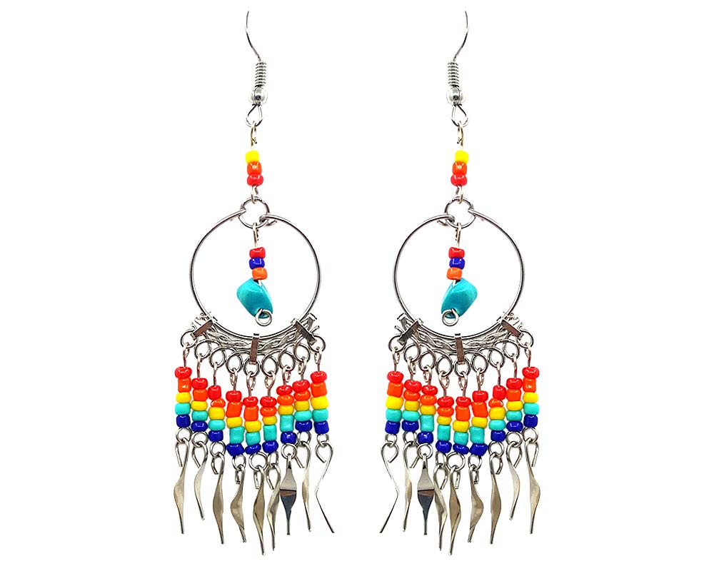 Native American Inspired Chip Stone Round Silver Metal Hoop Beaded Dangle Earrings - Womens Fashion Handmade Jewelry Tribal Accessories (Teal/Rainbow)