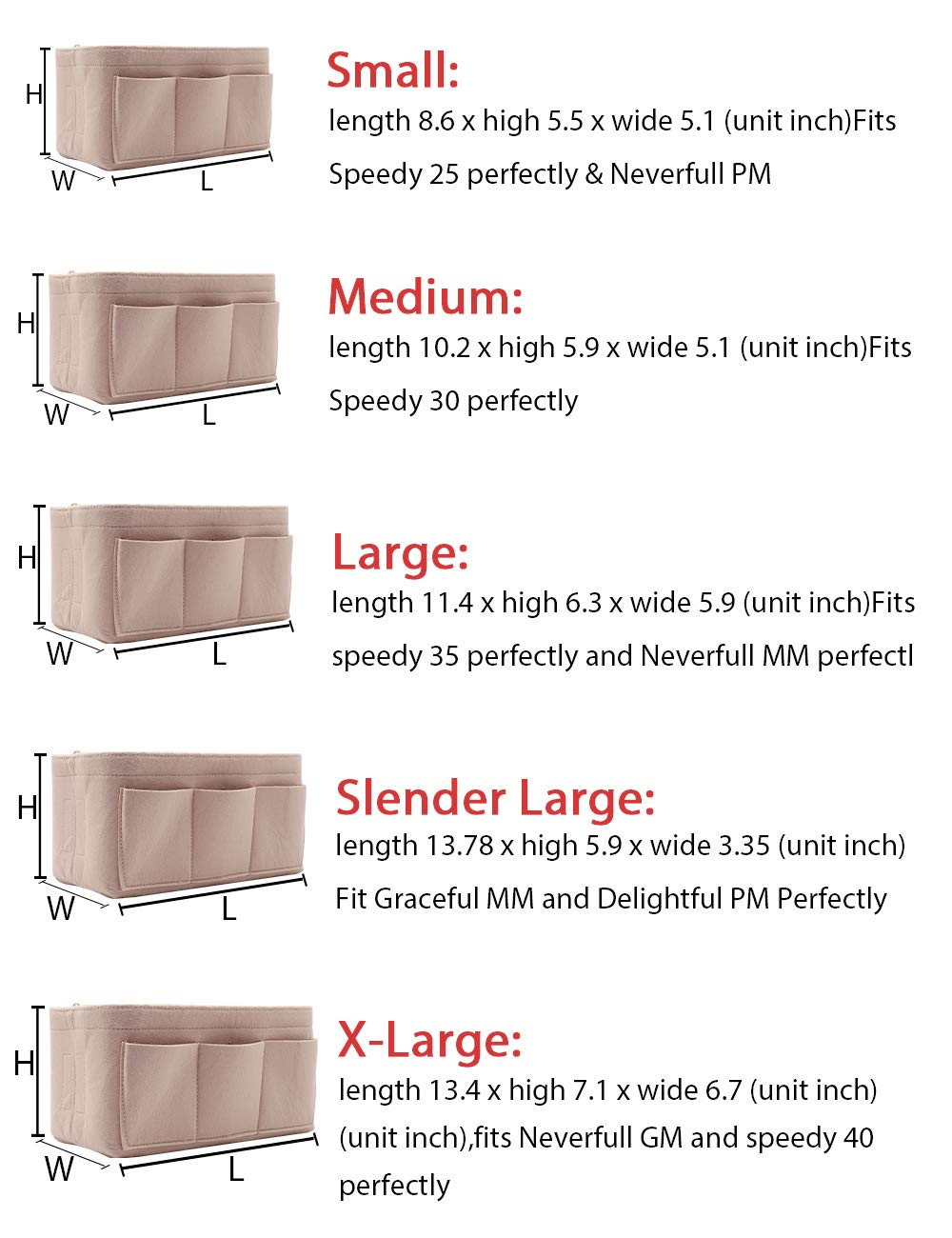 LEXSION Felt Handbag Organizer,Insert purse organizer Structure Shaper fits Speedy 8001 Beige L