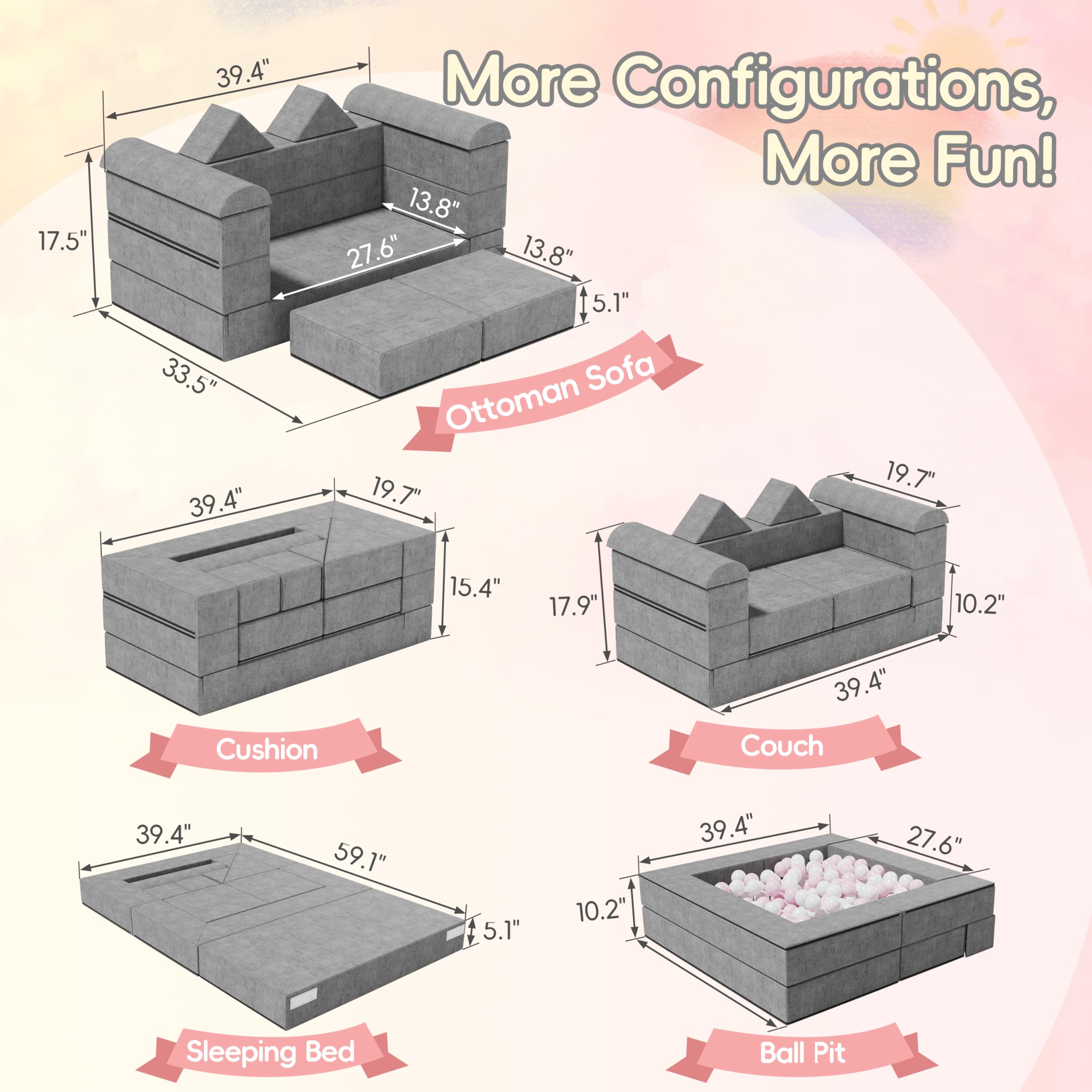 Xilingol Modular Kids Play Couch, Toddler Couch Kids Sofa with Ottomans, Convertible Foam Couch Play Set for Creative Boys & Girls, Kids Couch Building Fort for Playroom & Nursery (Grey)