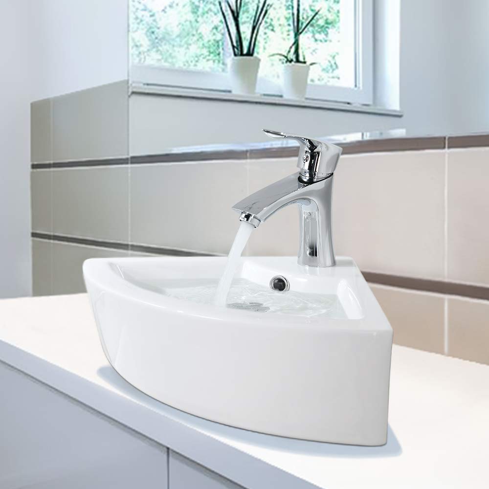 Wall Mount Small Corner Bathroom Sink and Faucet Combo with Overflow Triangle White Porcelain Ceramic Wall Hung Mini Vanity Space Bathroom sink, Faucet and Drain Combo