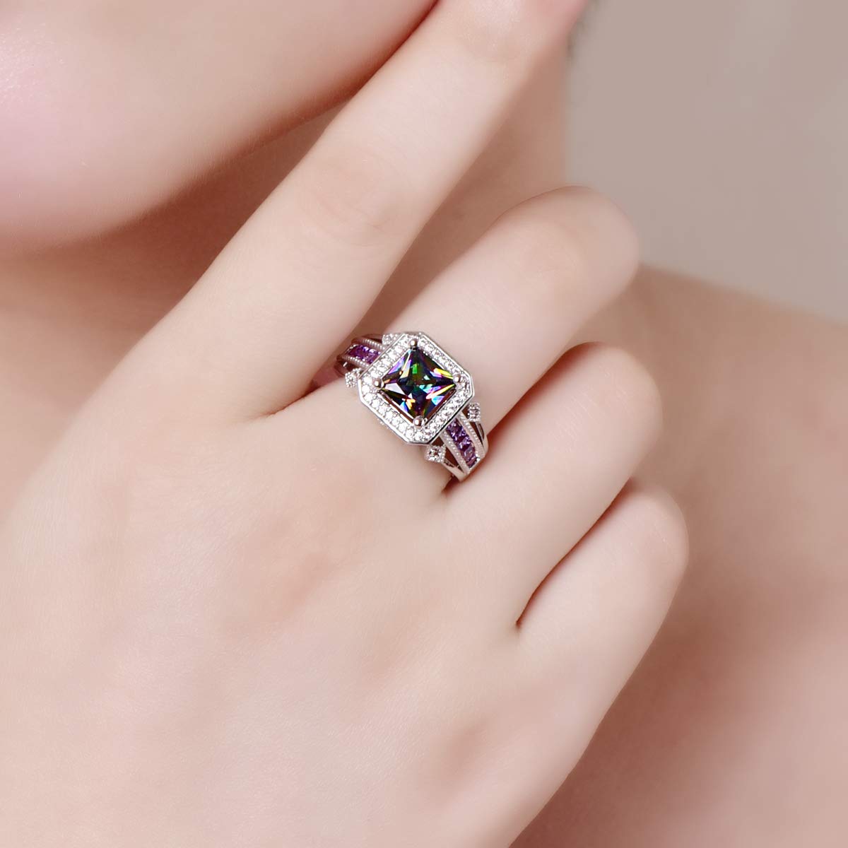 Momius 925 Silver Created-Rainbow Topaz Princess Cut CZ Halo Triple Row Wedding Band Engagement Ring for Women Size 6¡