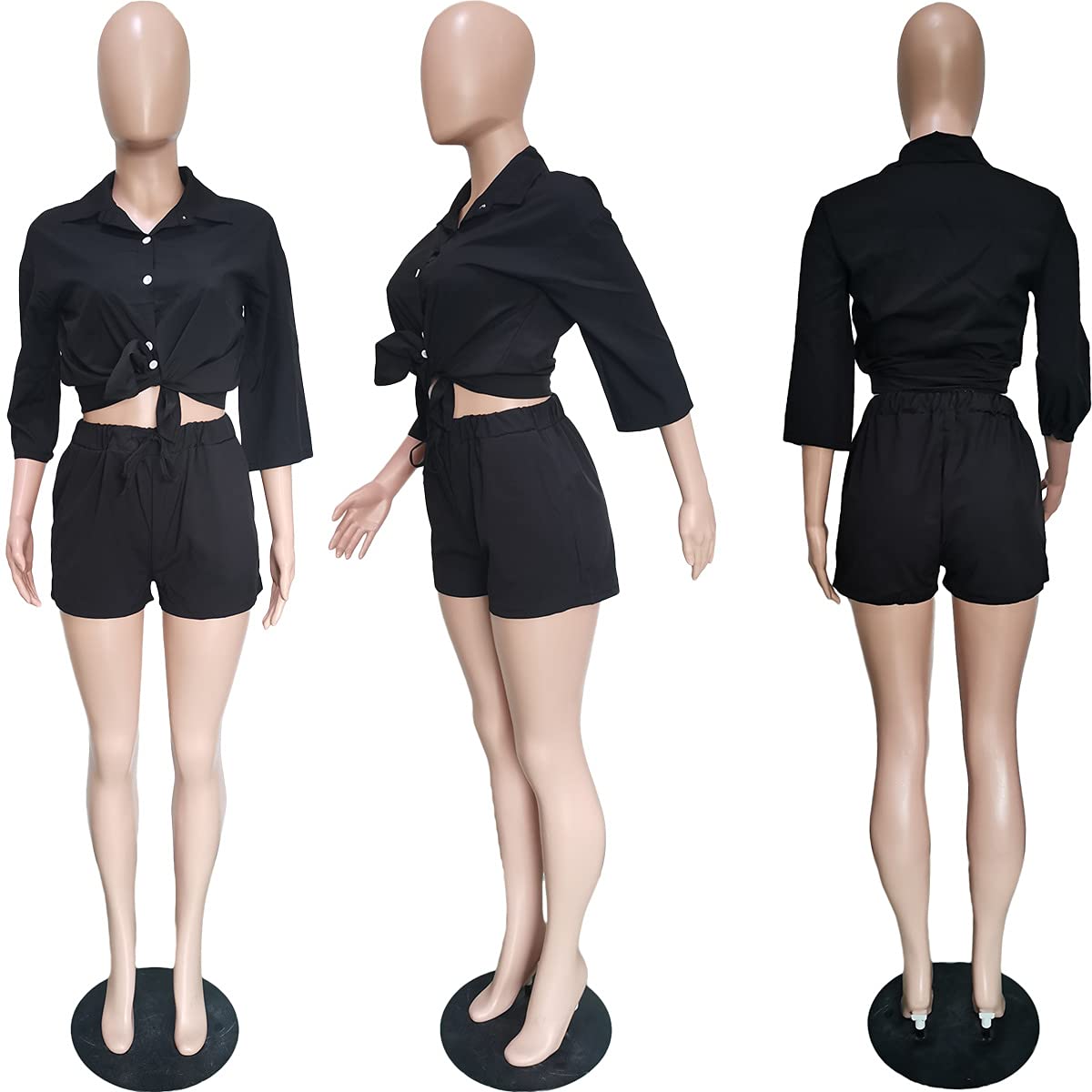 Ophestin 2 Piece Outfits Short Set Chains Floral Print V Neck Long Sleeve Button Shirt and Mini Shorts Tracksuits Rompers Black XL