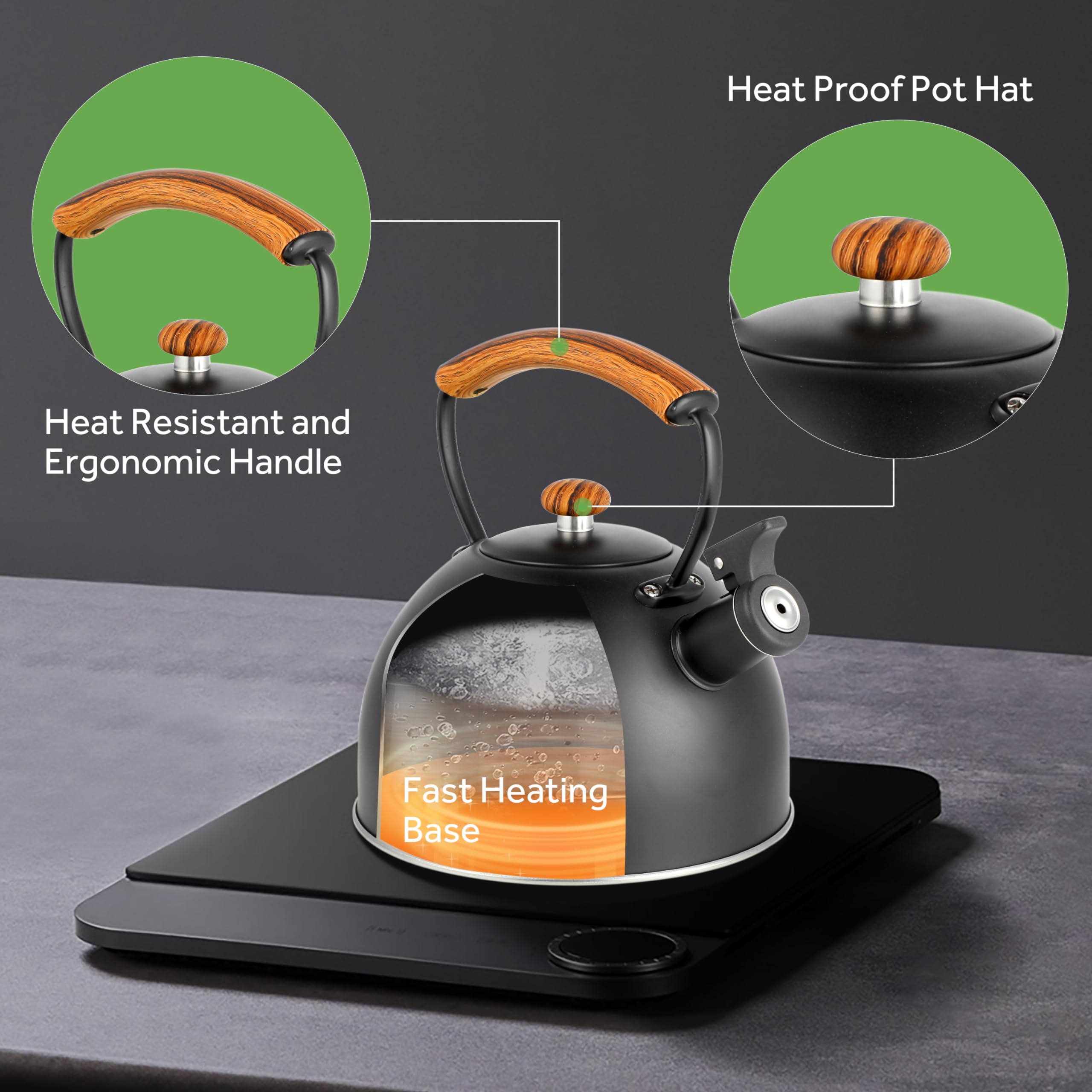 YSSOA Whistling Stovetop Tea Kettle, 3.2 Quart Stainless Steel Teapot with Cool Touch Ergonomic Handle, Hot Water Fast to Boil, Black