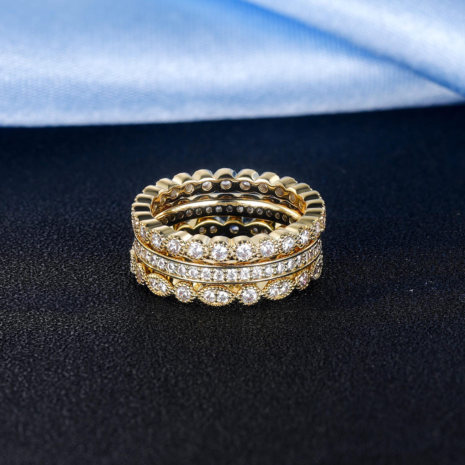 OPOMOMO 3Pcs 2mm Women Stackable Eternity Ring Wedding Bands,18K Gold Plated Cubic Zirconia Promise Rings Set 7