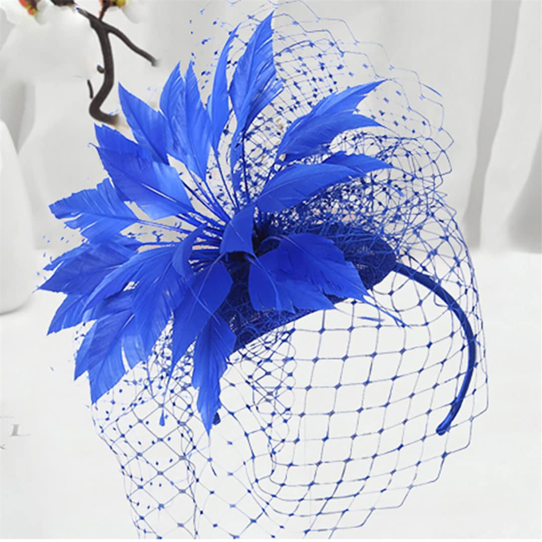 Royal Blue Hat Hat with Feather Flower Ladien Gauze Dress Hats Hair Accessories Royal Blue One Size