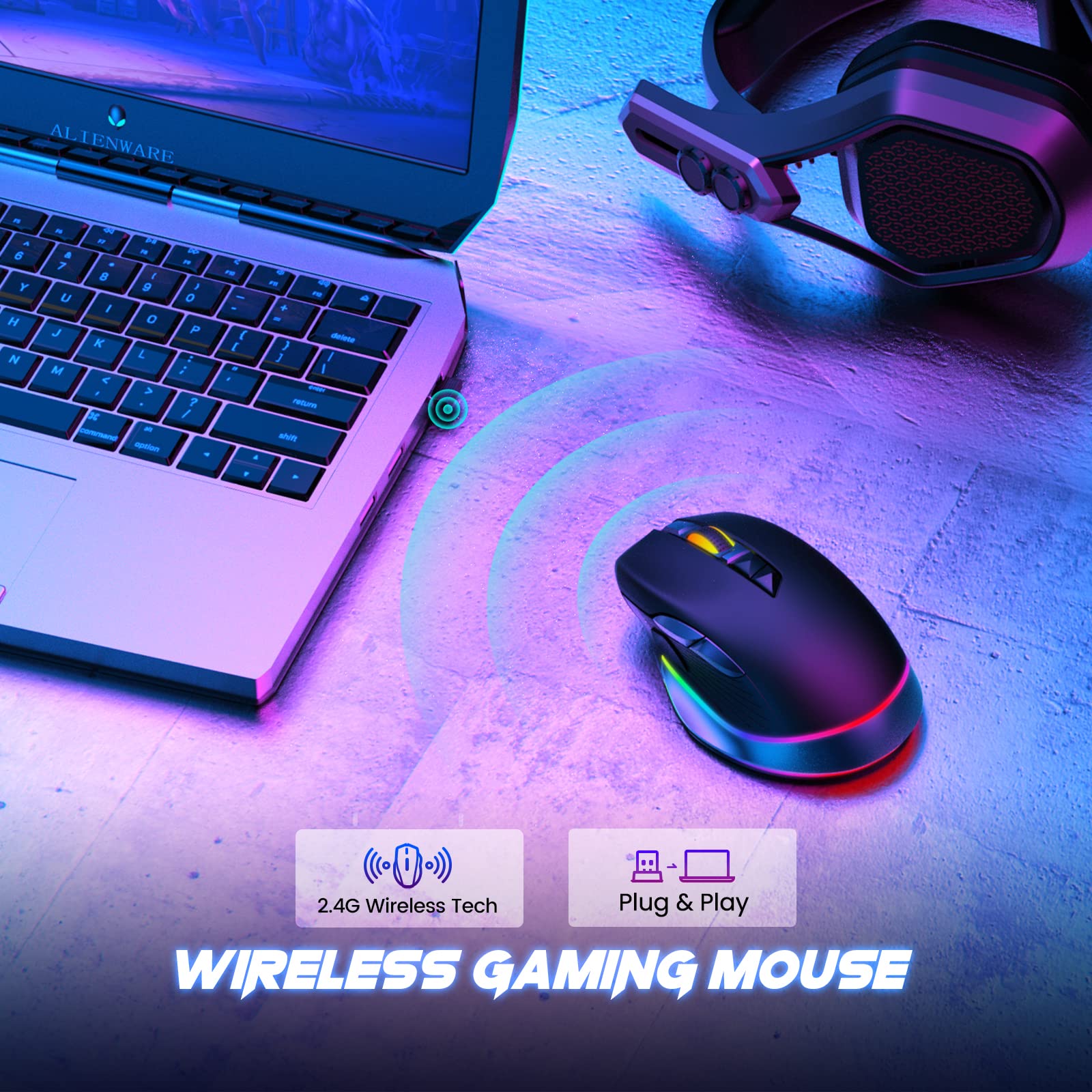 RisoPhy RGB Wireless Gaming Mouse,Rechargeable Wireless Mouse with 6-Level 10000 DPI,Chroma RGB Backlit,8 Programmable Buttons,Lightspeed,Ergonomic Plus USB Computer Mouse for Laptop PC Mac Computer