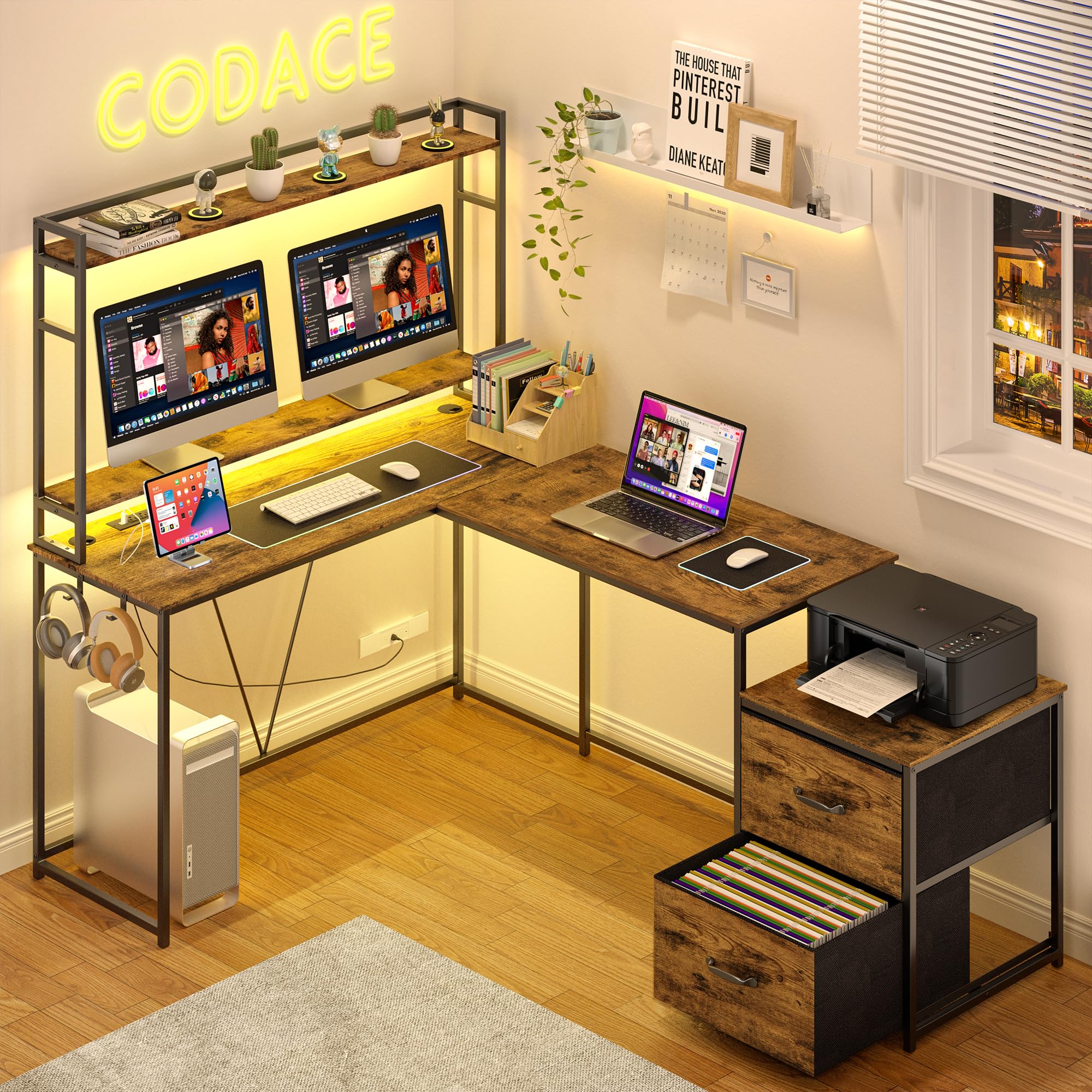 L Shaped Desk with File Drawers & Storage Shelves, 67" Gaming Desk with Power Outlets & LED Lights - Reversible Corner Computer Desk for Home Office with Monitor Shelf, Printer Shelf, Rustic Brown