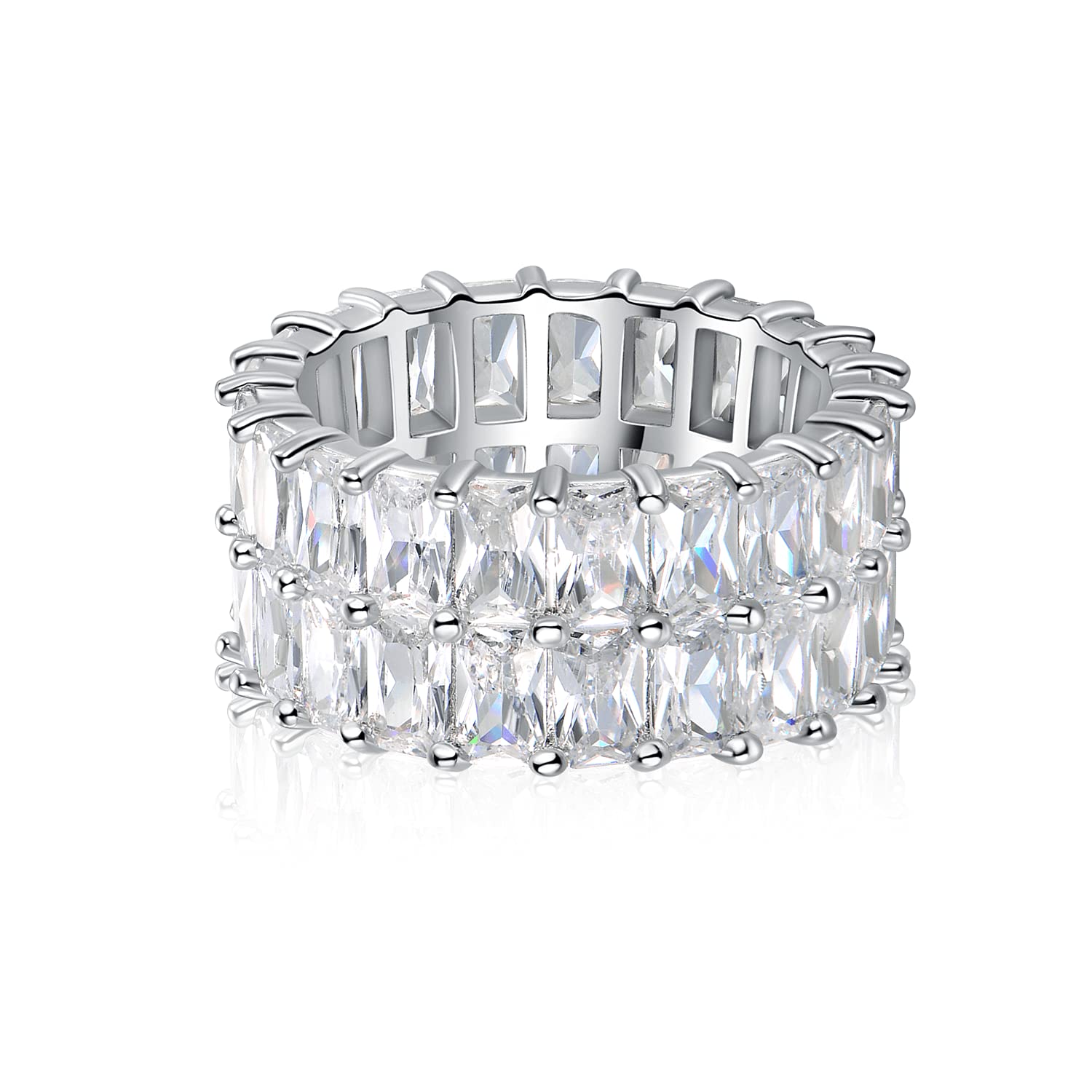 OPOMOMO Eternity Ring Wedding Bands,18K Gold Plated 2 Rows Emerald Cut Iced Out Lab Diamond Band Rings for Women Men (A- White gold plated, 8)