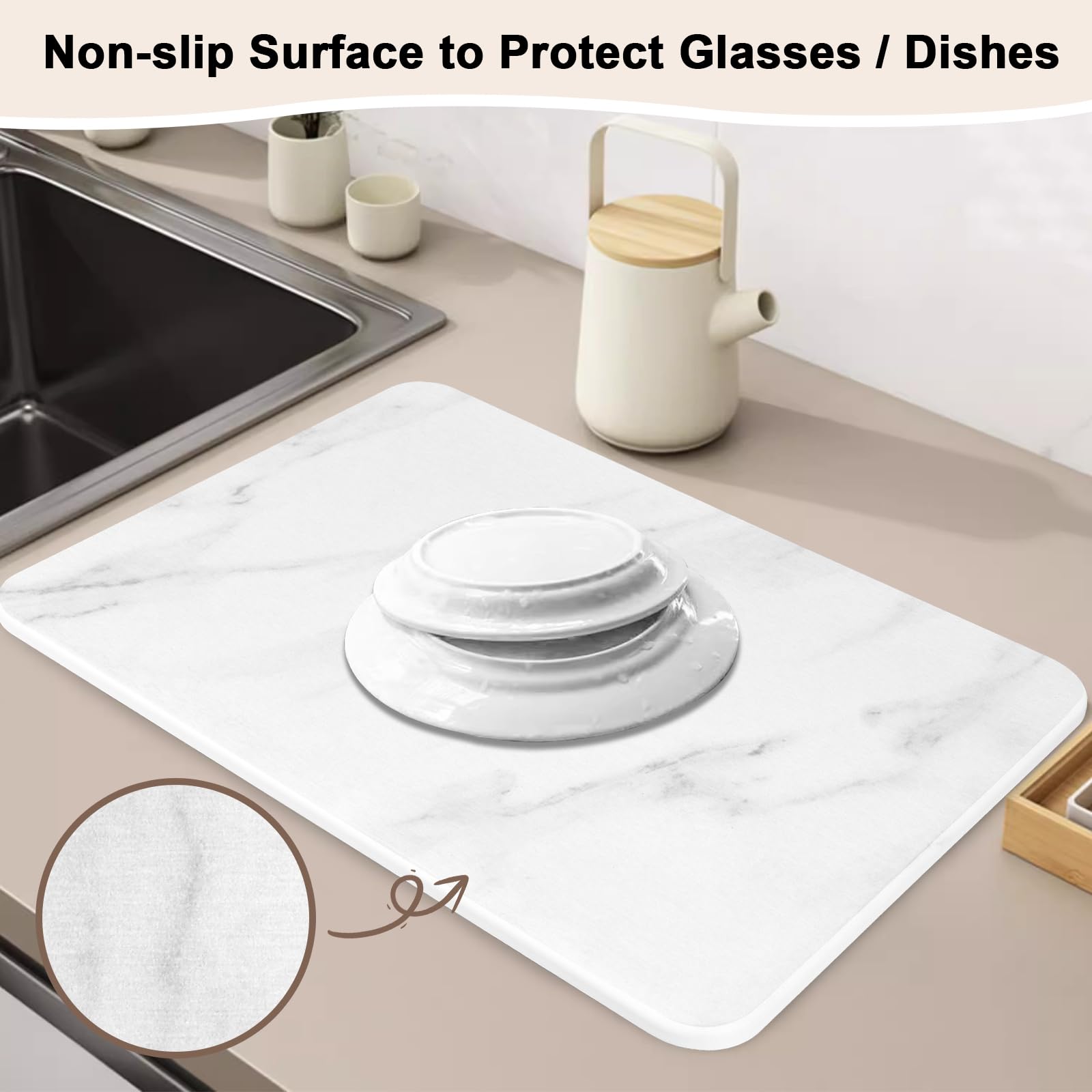 Stone Dish Drying Mat for Kitchen Counter, Quick Dry, Super Absorbent Dish Drying Mat, Eco-Friendly Diatomaceous Earth Mat for Dishes Bottles Cups(16x12 Inch, White Marble)