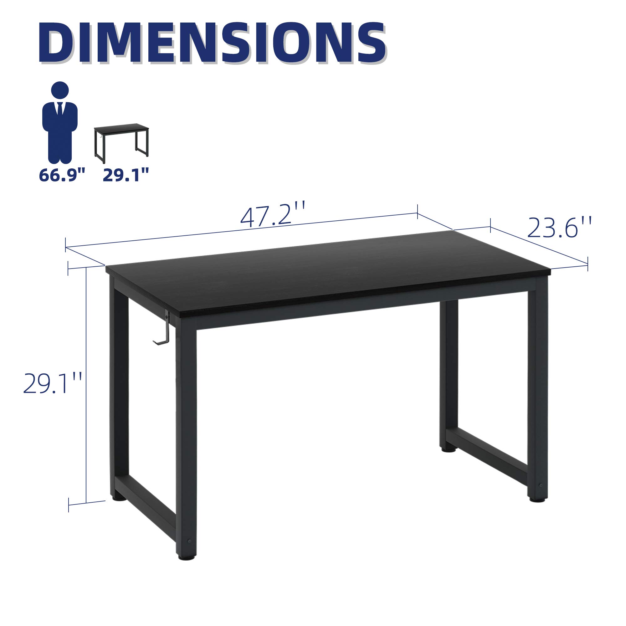 NUMENN Computer Desk 47", Home Office Desk with Extra Strong Legs, Sturdy Writing Desk with Headphone Hook for Home Office, Work Table, Black