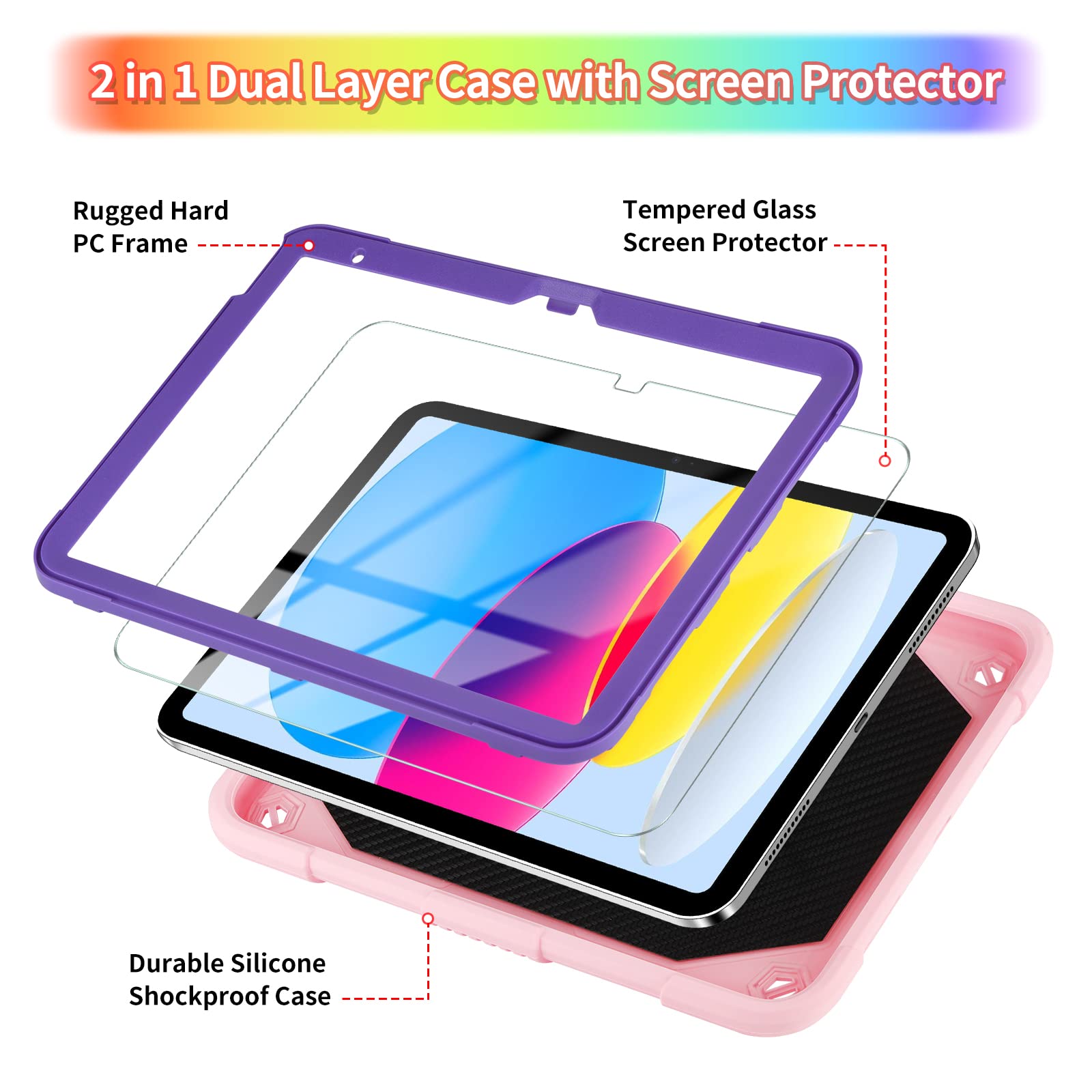 WESADN for iPad 10th Generation Case 2022 with Butterfly Kickstand/Screen Protector/Lanyard/Keychain Case with Pencil Holder for Girls Tablet Cover for iPad 10th Gen 10.9'' Rainbow Pink