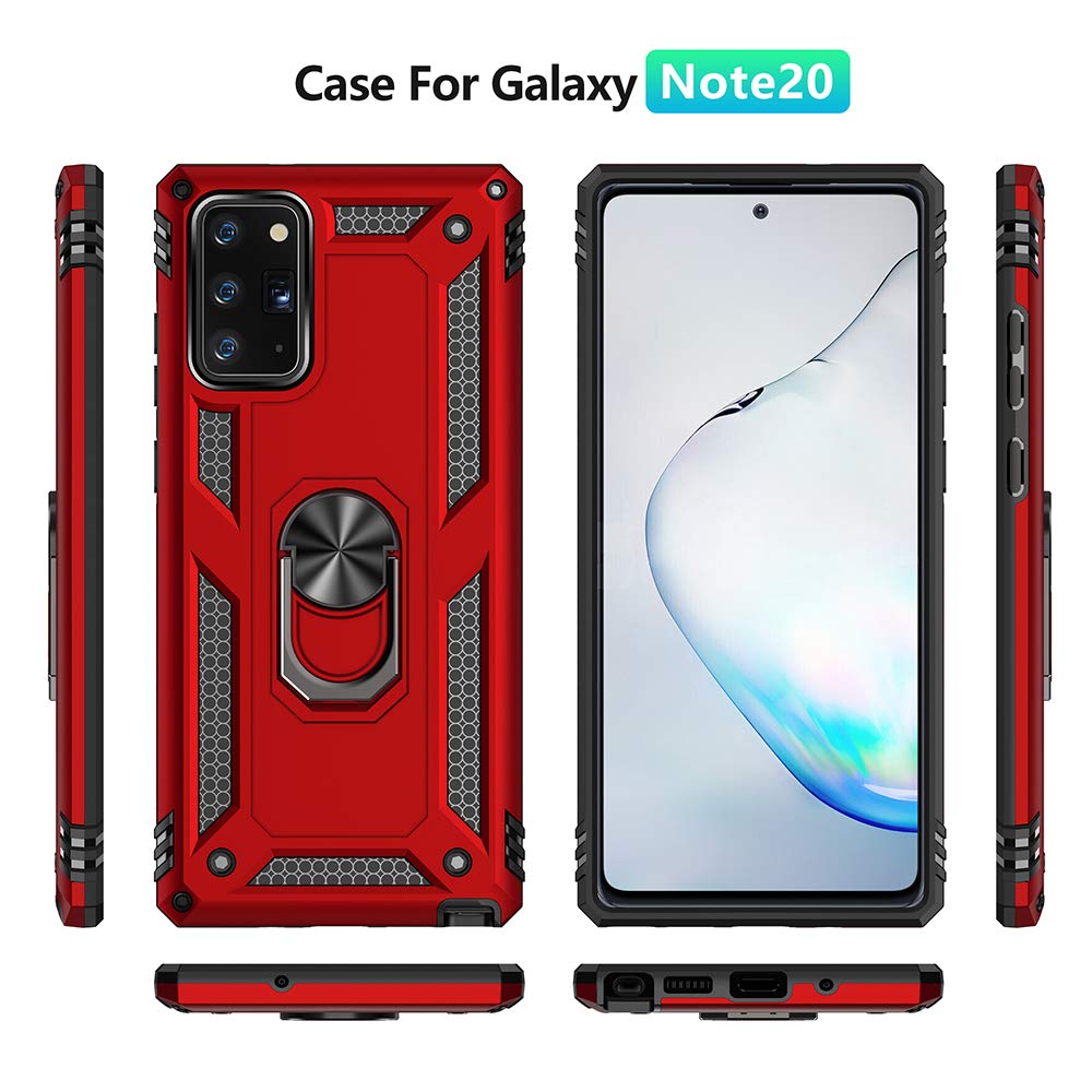 Military Grade Drop Impact for Samsung Galaxy Note 20 Case Note 20 5G Case 360 Metal Rotating Ring Kickstand Holder Armor Heavy Duty Shockproof Case for Galaxy Note 20 5G Phone Case (Red)