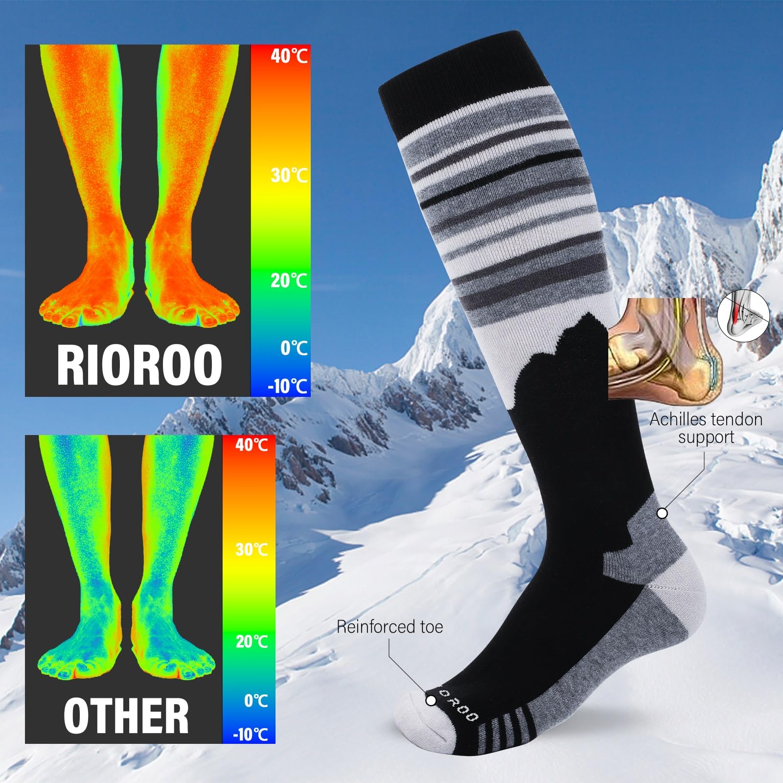 RIOROO Ski Socks Merino Wool,2/3 Pairs Pack Skiing and Snowboarding Socks For Men Women Youth,Winter Knee High Thermal Socks