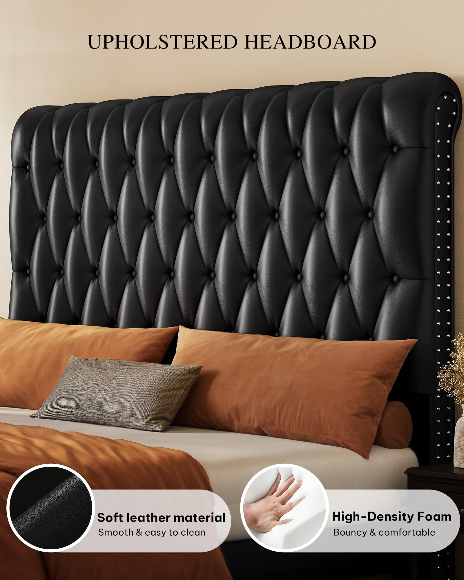 YITAHOME Queen Size Platform Bed Frame with 58" Tall Headboard and Footboard, PU Leather Upholstered Platform Bed with Solid Wood Leg, Button Tufted, No Box Spring Needed, Easy Assembly, Black