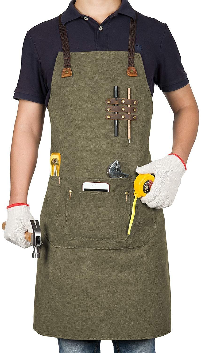 urhgart Waxed Canvas Work Aprons for Men & Women, Shop Apron, Heavy Duty Woodworking, Barista, Barber, Chef, Bartender, Metal Working, with Pockets (Green 1 Piece)