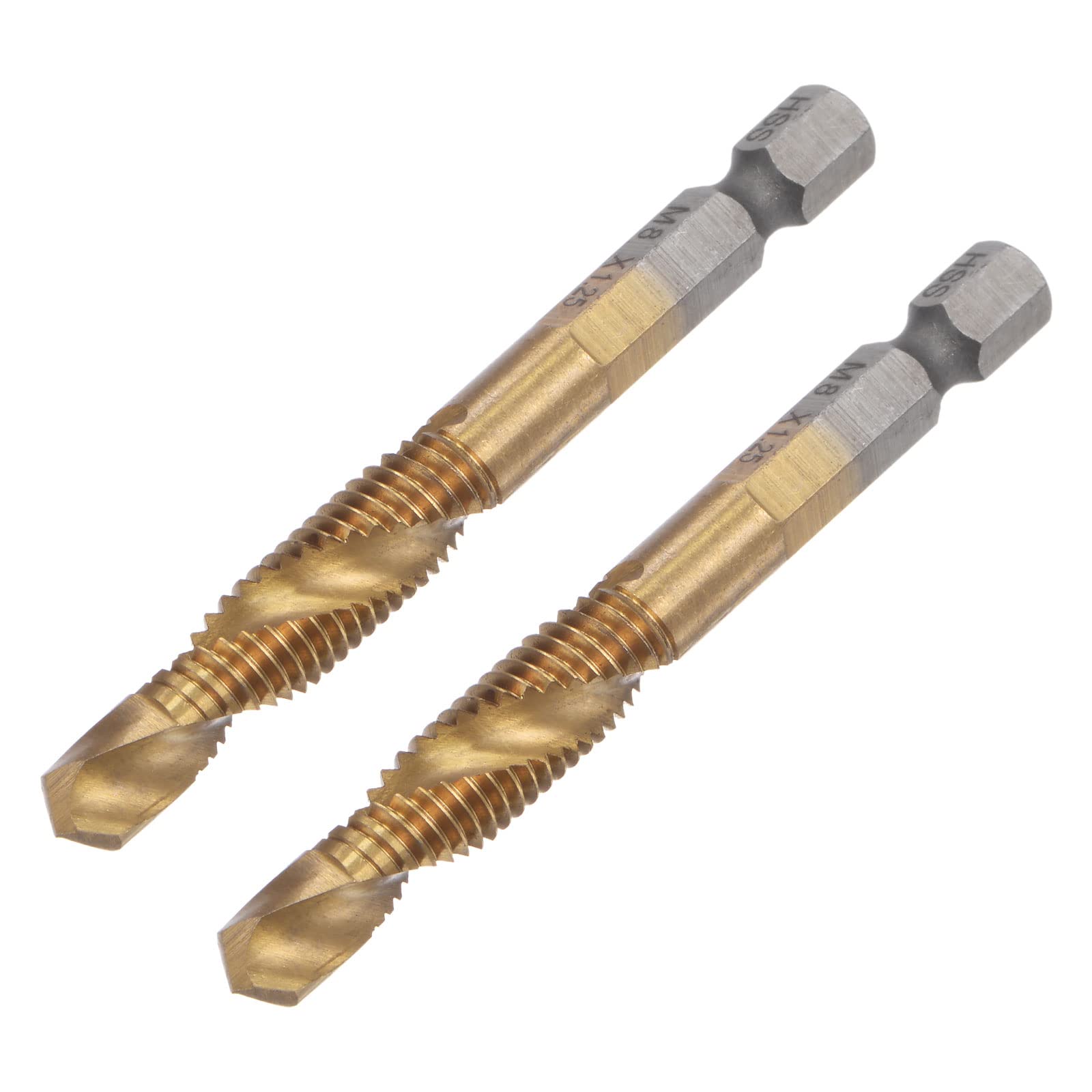 uxcell Combination Drill and Tap Bit, 1/4" Hex Shank M8 x 1.25 Metric Titanium Coated High Speed Steel 4341 Spiral Flute Drilling Tapping Tool Extra Long 2pcs