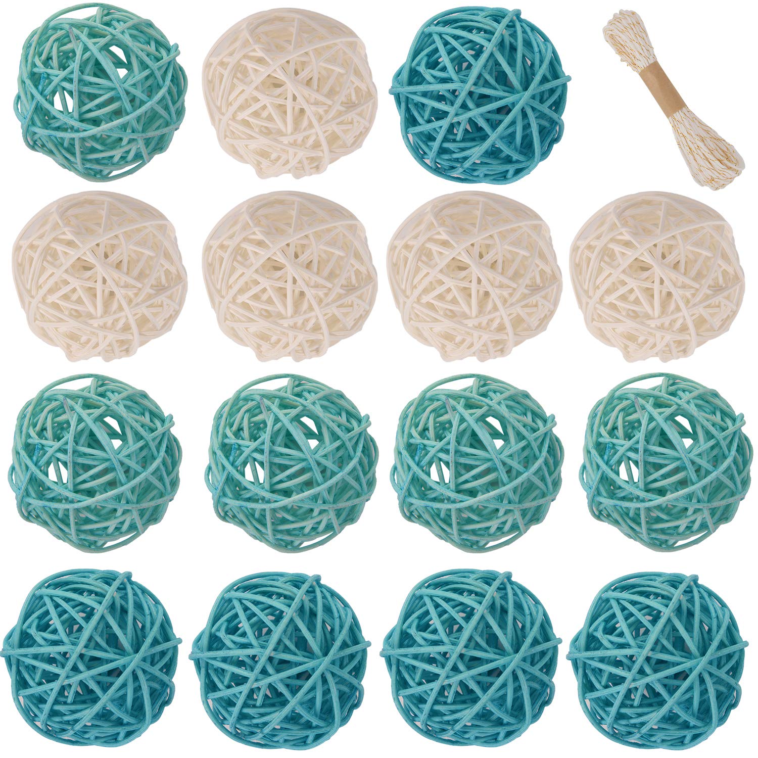 Lulonpon Wicker Rattan Balls Decorative Orbs Vase Fillers for Craft Project, 15pcs 2.36" Wedding Table Decoration,Themed Party,Aromatherapy Accessories,Comes with Rope (15, Blue-2)