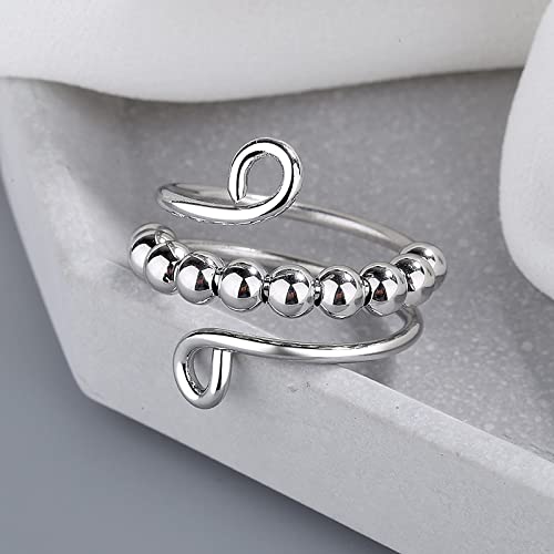 To My Daughter Fidget Rings ,Drive Away Your Anxiety Circle Beads Spinner Ring Adjustable Open Double Layer Ring Jewelry Gift for Mother Daughter (Silver)