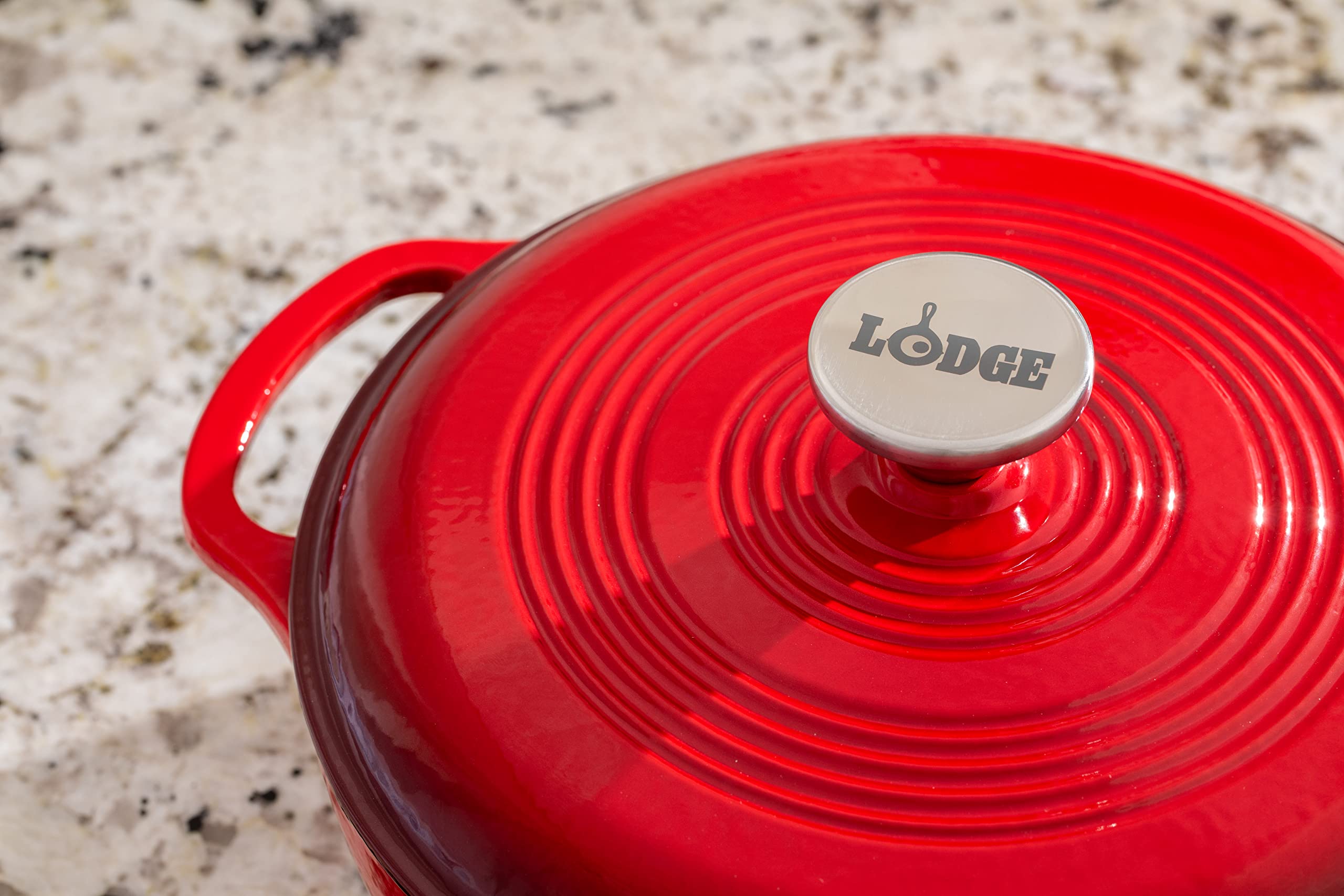Lodge 3 Quart Enameled Cast Iron Dutch Oven with Lid – Dual Handles – Oven Safe up to 500° F or on Stovetop - Use to Marinate, Cook, Bake, Refrigerate and Serve – Island Spice Red