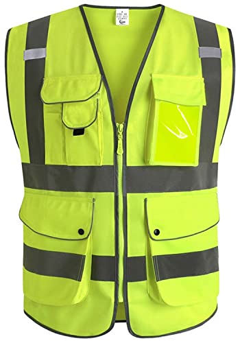 XIAKE 9 Pockets Class 2 High Visibility Reflective Safety Vest Men Women Work Construction Vest Zipper Front Meets ANSI Standards(Yellow,Large)