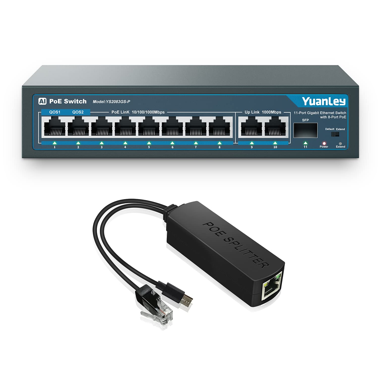 YuanLey 11 Port Gigabit PoE Switch Bundle with Gigabit PoE Splitter Micro USB 48V to 5V/2.4A, 120W 802.3af/at, Unmanaged Plug and Play