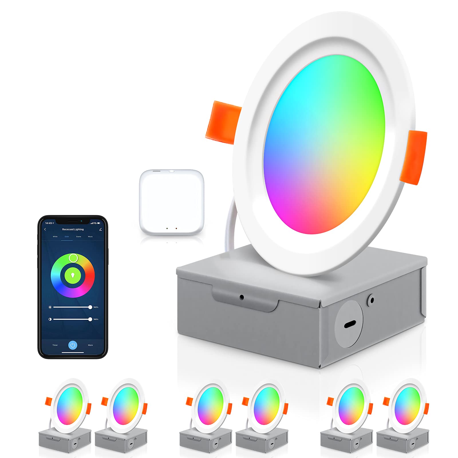 Smart Recessed Lighting, 4 inch 6 Pack RGB LED Recessed Light IC Rated ETL, 10W 800LM Downlight with J-Box, Group Control Dimmable Color Changing with Warm & Cool White Work with Alexa/Google/Siri