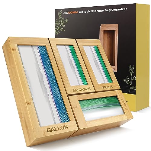 QECOMM Configurable Ziplock Bag Organizer- Baggie Organizer For Drawer Compatible With Gallon, Sandwich,Quart and Snack Variety Size Bags (4 Separate Boxes)