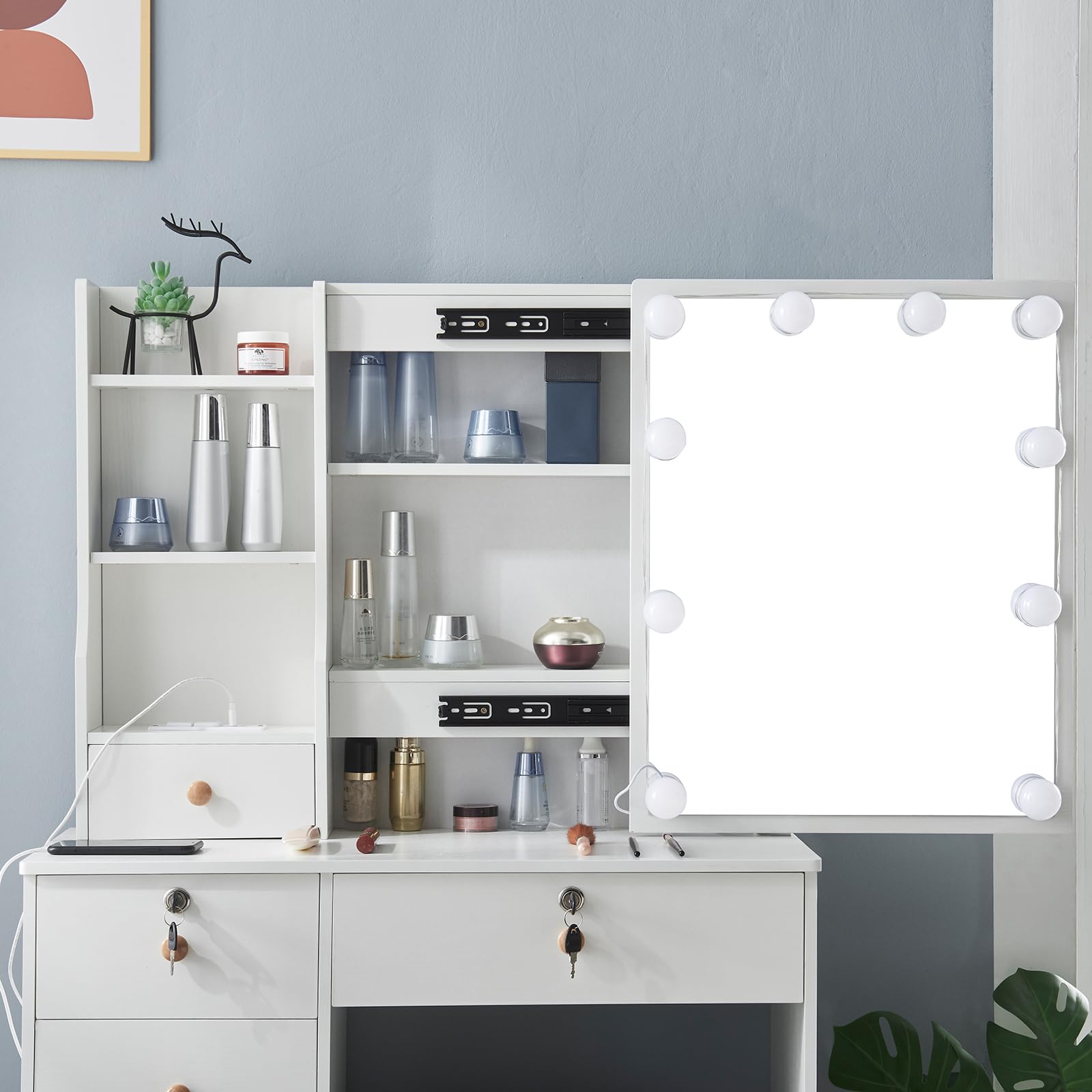 Lucaseone Makeup Vanity Desk with Lights Mirror, Vanity Desk with Sliding Mirror and 5 Drawers,Storage Shelves,Vanity Table for Bedroom (961905usb)
