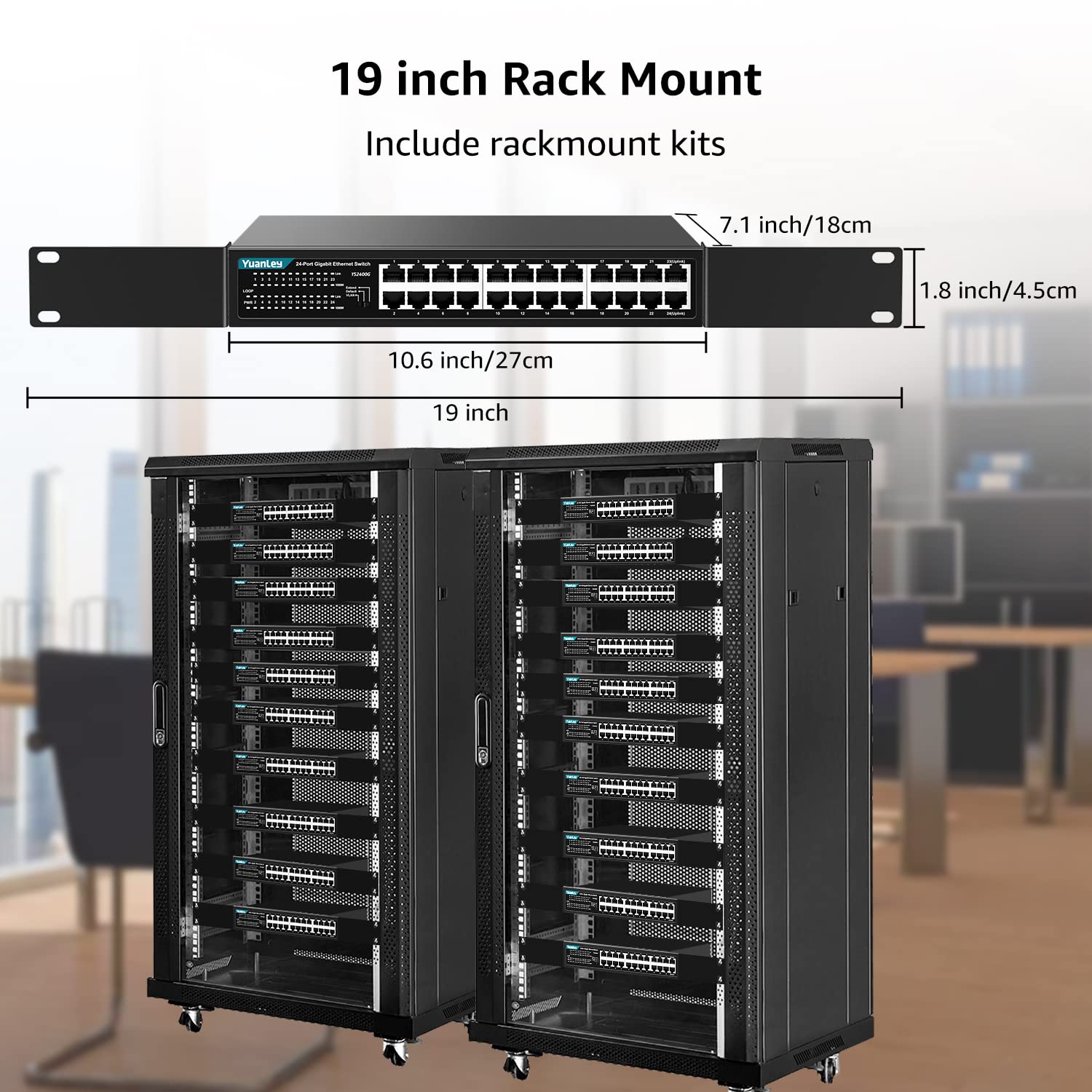 YuanLey 24 Port Gigabit Ethernet Switch, VLAN, Extend 250m, Fanless Metal Rackmount Unmanaged Plug and Play Network Switch