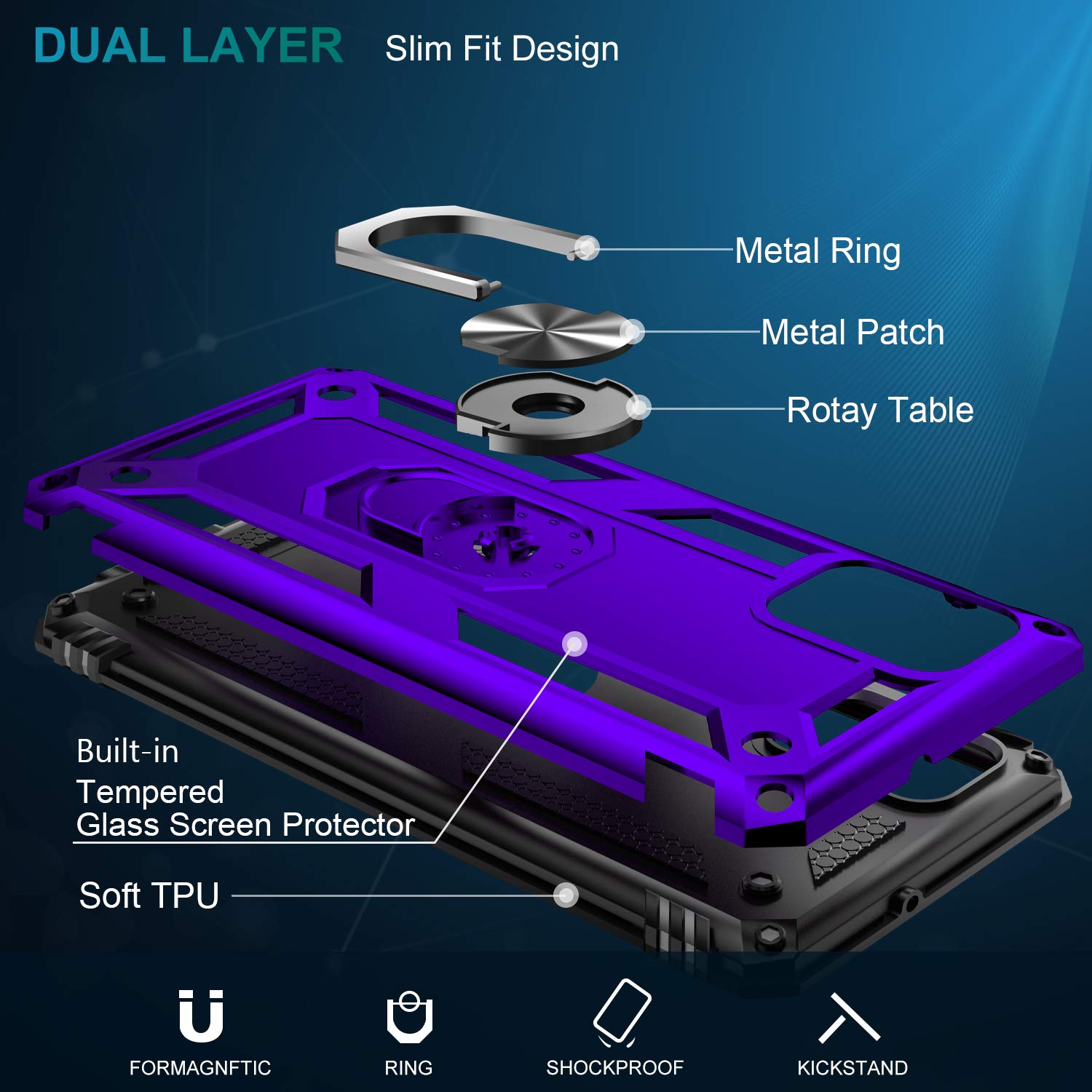 LUMARKE for Galaxy A51 Case with Screen Protector(2 Pack,Pass 16ft Drop Test Military Grade Heavy Duty Cover with Magnetic Kickstand,Protective Phone Case for Samsung Galaxy A51 Purple