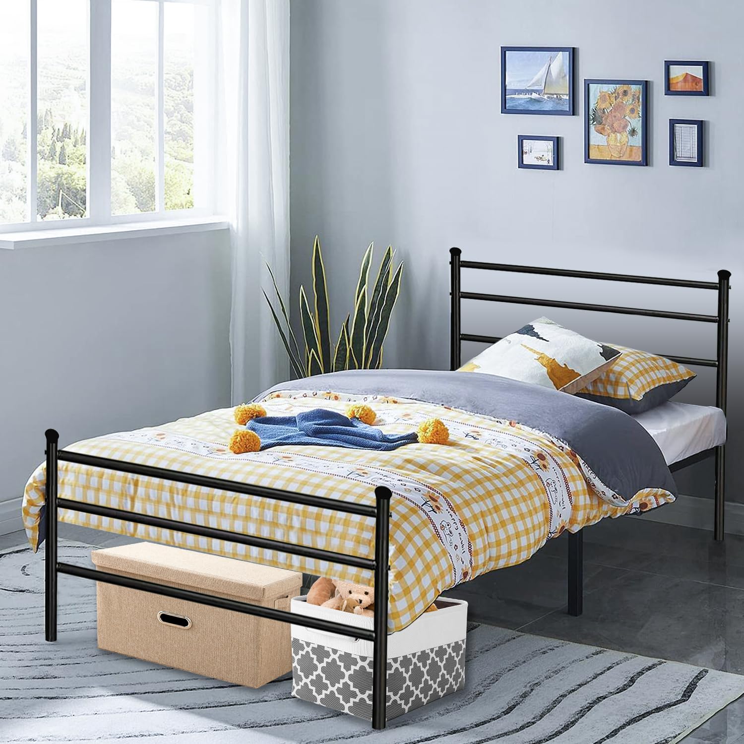 leheyhey Twin Size Bed Frame Reinforced Heavy-Duty Black Metal Bed Frame for Easy Assembly,No Box Spring Needed,Load Capacity 250kg/550lb