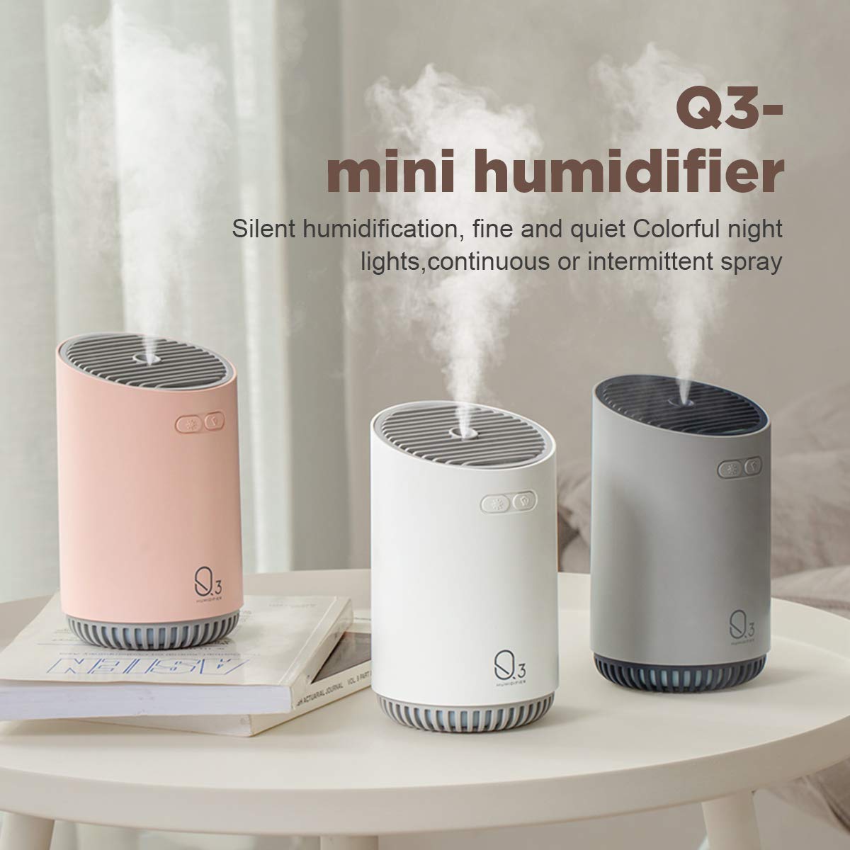 Mini Humidifier, Humidifiers for Bedroom, Plant Humidifier with 7-Color LED Night Light/Quiet/Waterless Auto Shut-Off/2 Mist Modes(White)