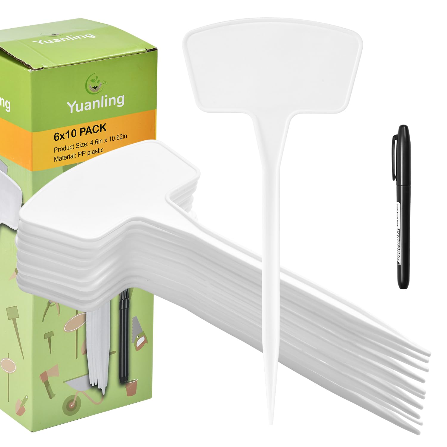 Yuanling Plant Labels, 60 Pack Plant Markers Large Plastic Plant Tags T-Type Waterproof Garden Labels for Outdoor Indoor Potted Plants Flowers Seeds Herbs with Garden Marker Pen