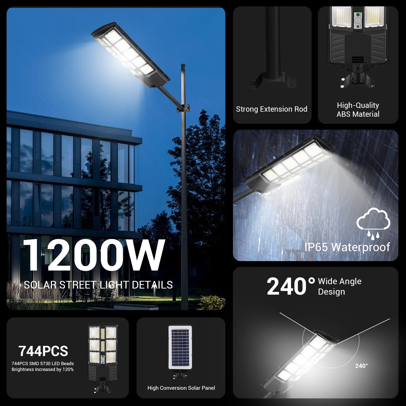Xmart Solar Street Lights Outdoor Waterproof 80000LM 744 Upgraded LEDs Solar Parking Lot Lights Dusk to Dawn Solar Motion Flood Light Wide Angle Sensor and Remote Control for Area Pole Yard 2-Pack